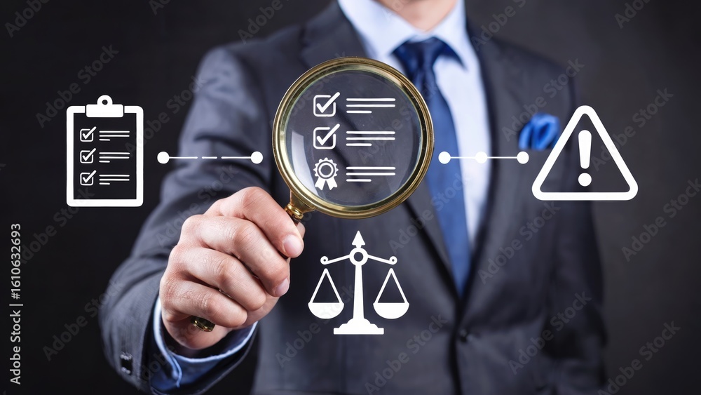 Man in suit examines checklist and scales of justice with warning ...