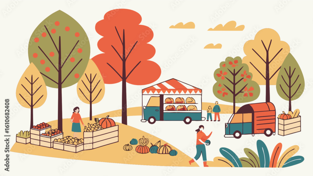 Fall harvest festival farmers market with pumpkins apples and bread ...