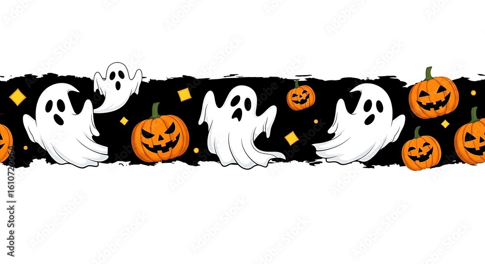 A halloween themed border with ghosts pumpkins and yellow stars on a ...