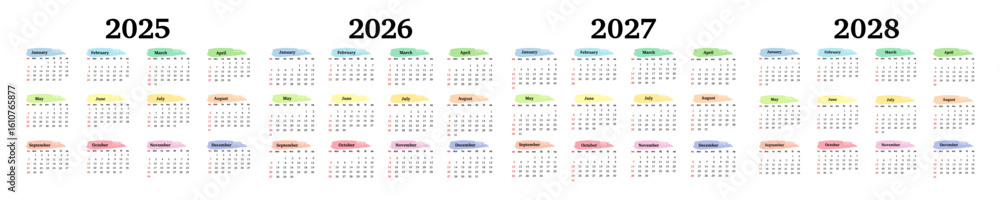 Set of calendars for 2025, 2026, 2027 and 2028 on a white background ...