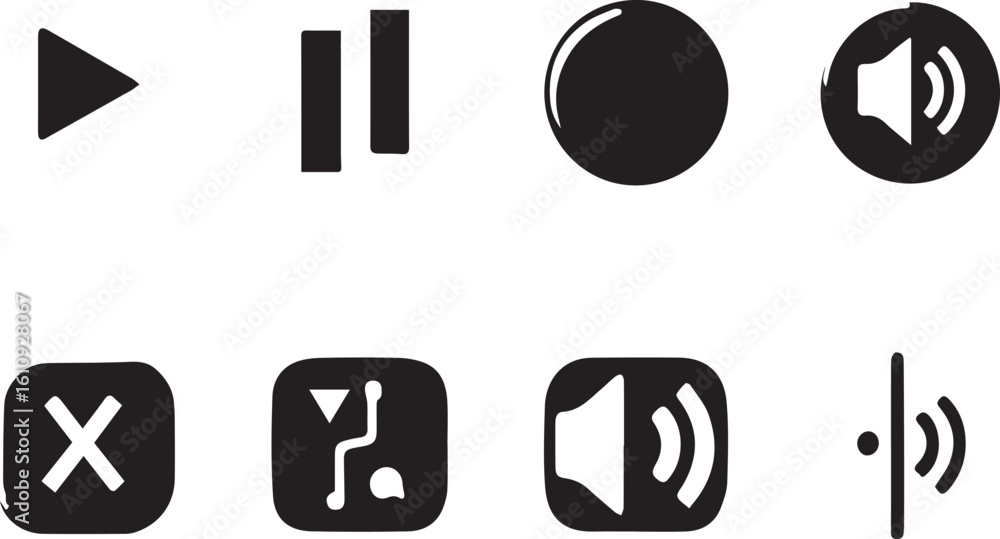 "Media & Sound Control Icons – Vector Set of Play, Pause, Shuffle, Stop ...