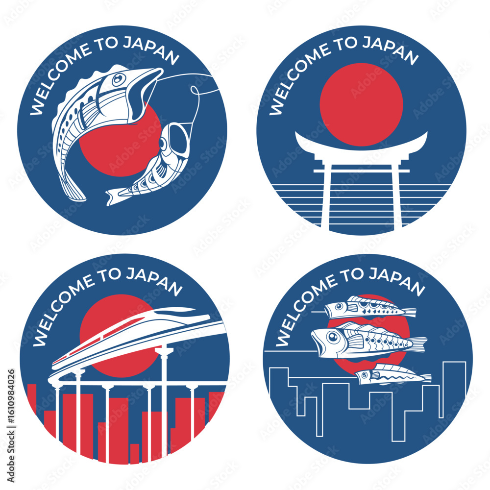 Collection of Japanese culture postcard stamp designs in a retro and ...