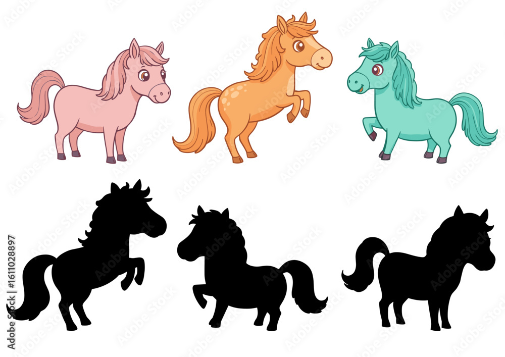 Cute pony characters with colorful designs and their silhouettes for a ...