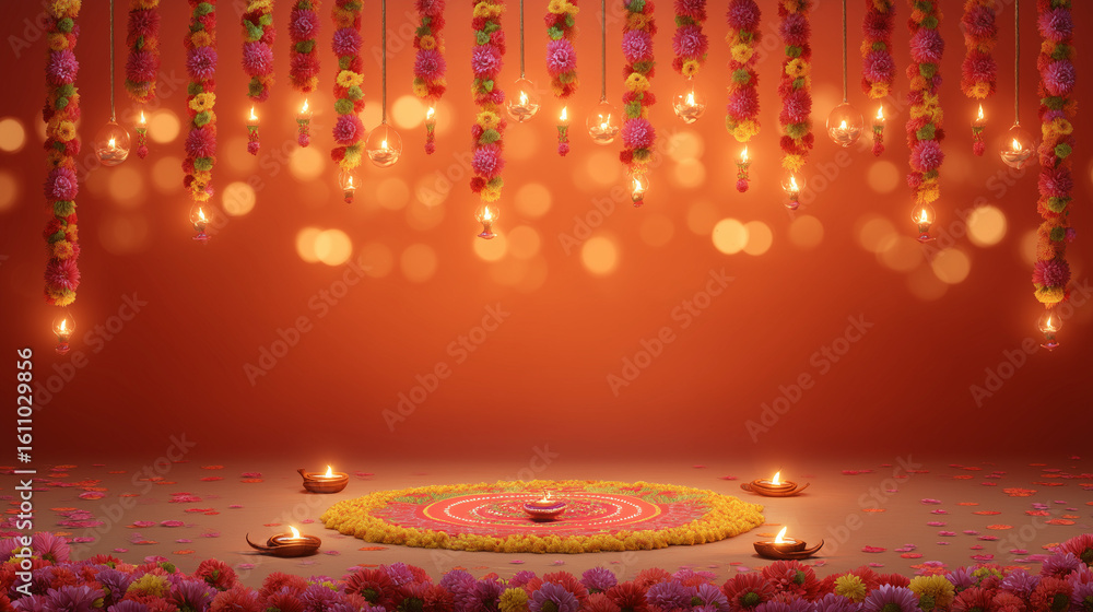 Navaratri Decoration Banner, hanging toran with flowers, diya lights ...