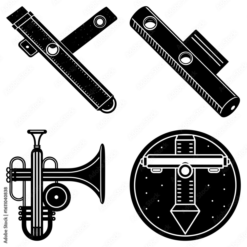 Illustration of levels, a trumpet, and a level symbol in a circle in ...