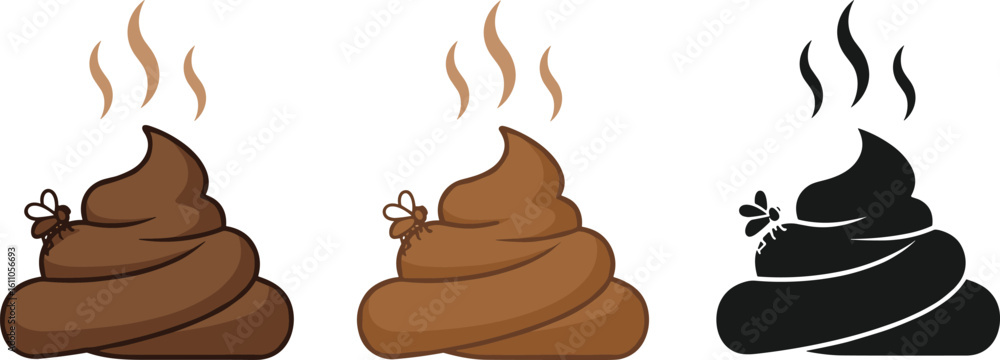 Funny cartoon poop emoji with flies and steam, brown and black ...