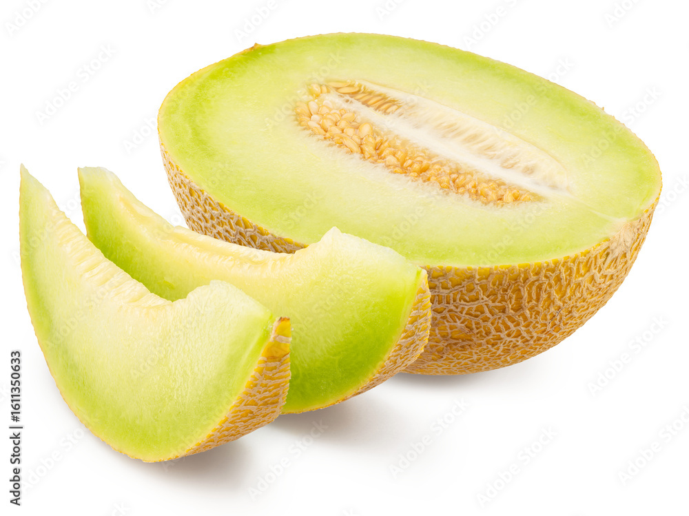Galia melon cross section and melon slices isolated on white background ...