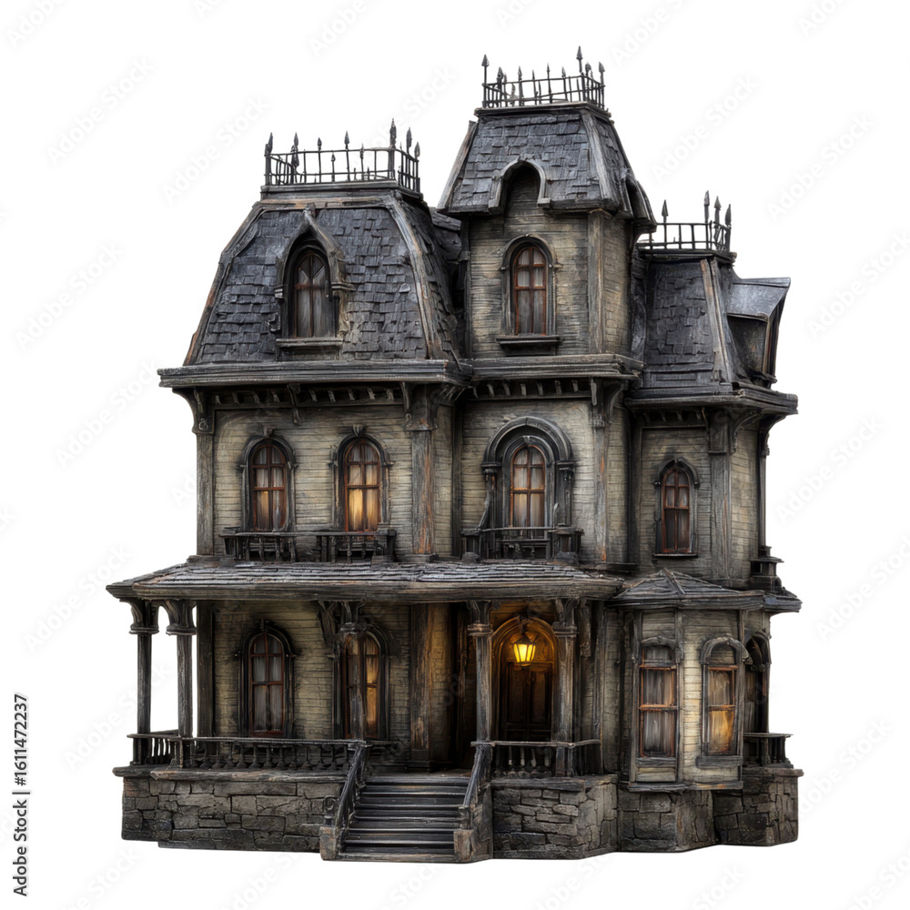 Eerie haunted house spooky village 3d model dark atmosphere low angle ...