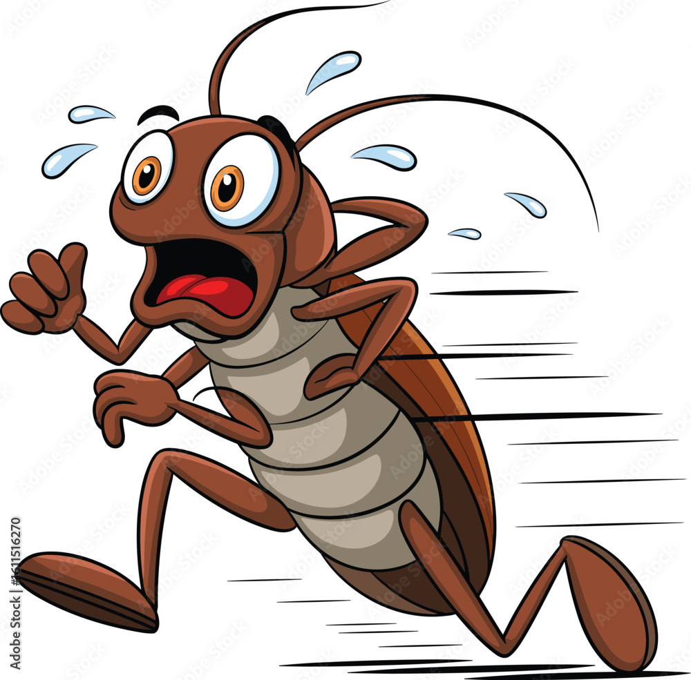 Cartoon cockroach running scared, funny insect illustration, terrified ...