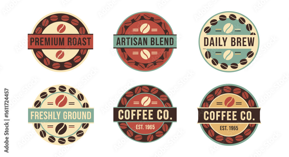 Collection of six vintage-style circular coffee shop logos featuring ...