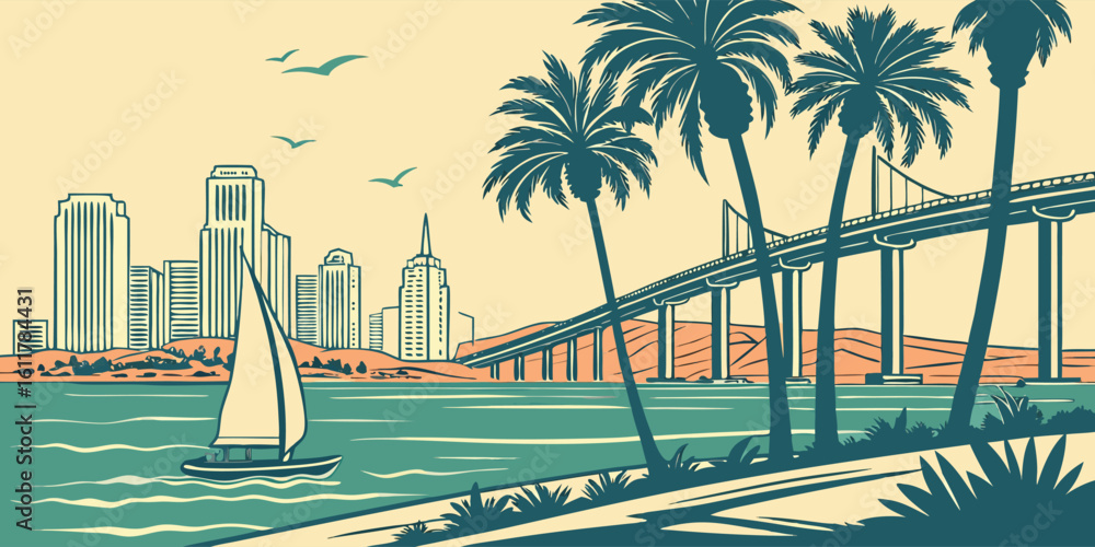 San Diego skyline vector in silhouette style with the Coronado Bridge ...