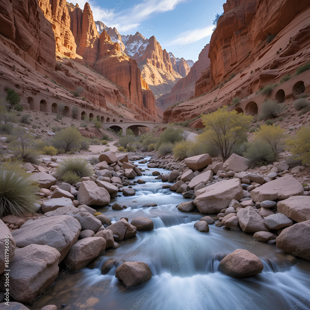 Stock-Foto „Mountain stream flows through red rock desert canyon with ...