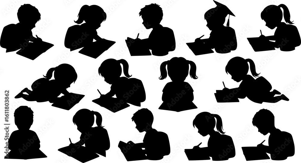 Children Doing Homework Silhouette – Study Time Icon Vector Set Kids ...
