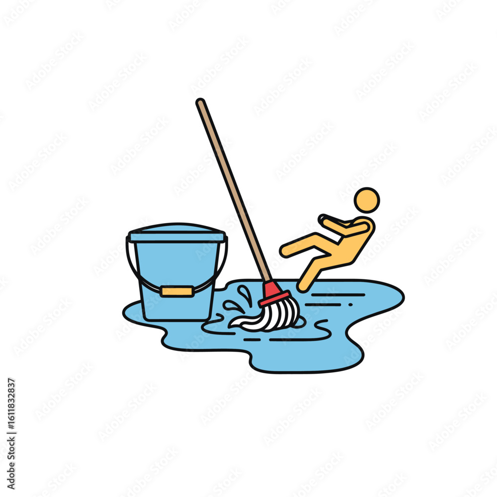 A graphic illustration showing a stick figure slipping on a puddle of ...