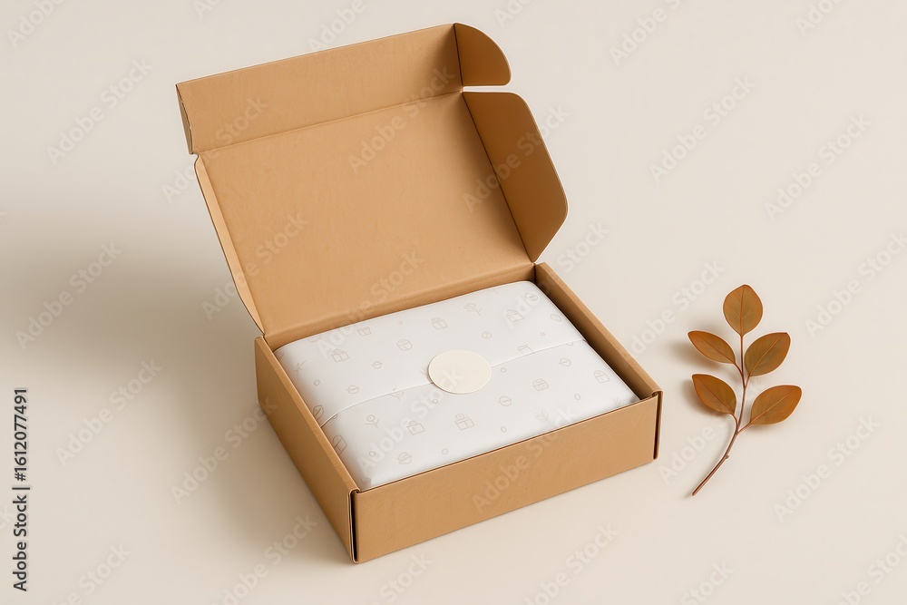 Foto de Stock Open cardboard box with tissue paper wrapping gifts ...