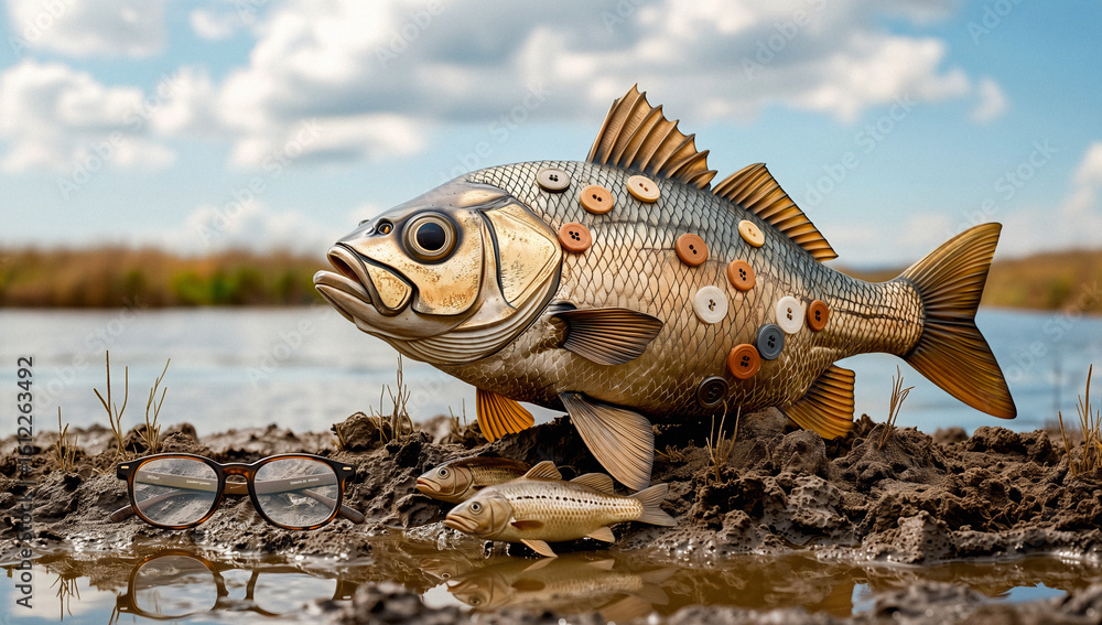 Sculpted Fish with Buttons, Small Fish, and Eyeglasses by Water Stock ...