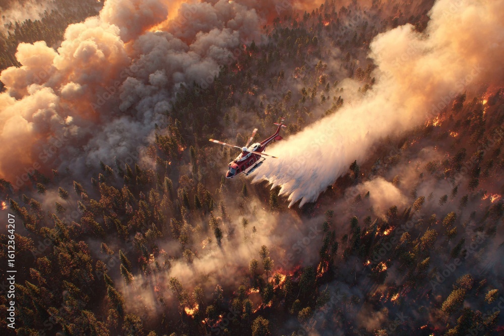 Helicopter in action: water drop over california wildfire. Wildfire ...