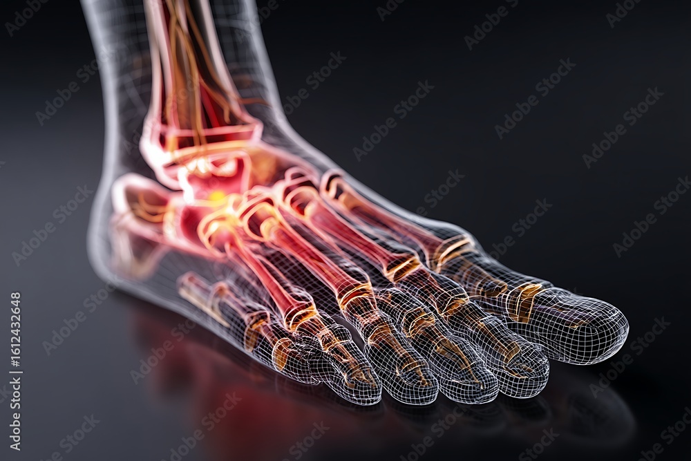 Detailed 3D Render of a Human Foot Skeleton with Wireframe Overlay for ...