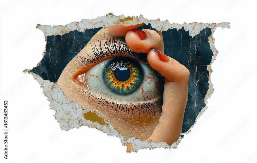 Realistic human eye being held open by fingers emerging through torn ...