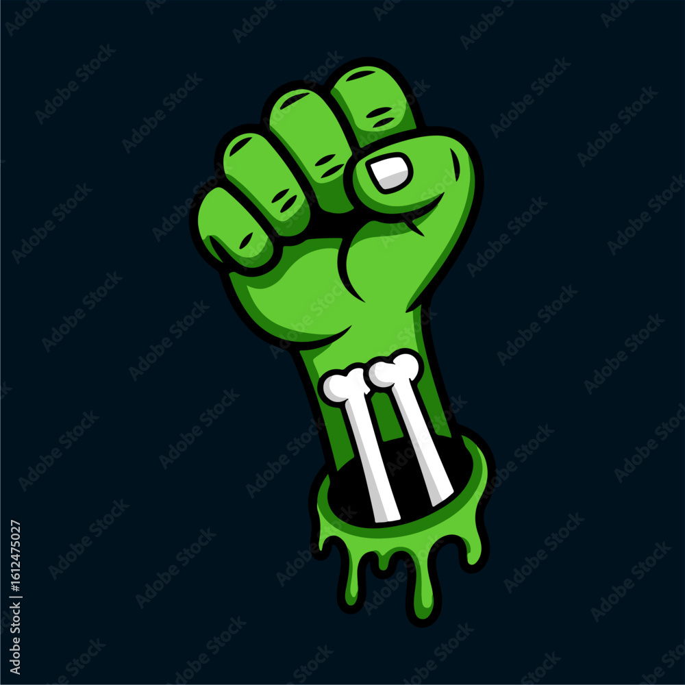 Cartoon illustration of a green zombie hand with bones, clenched into a ...