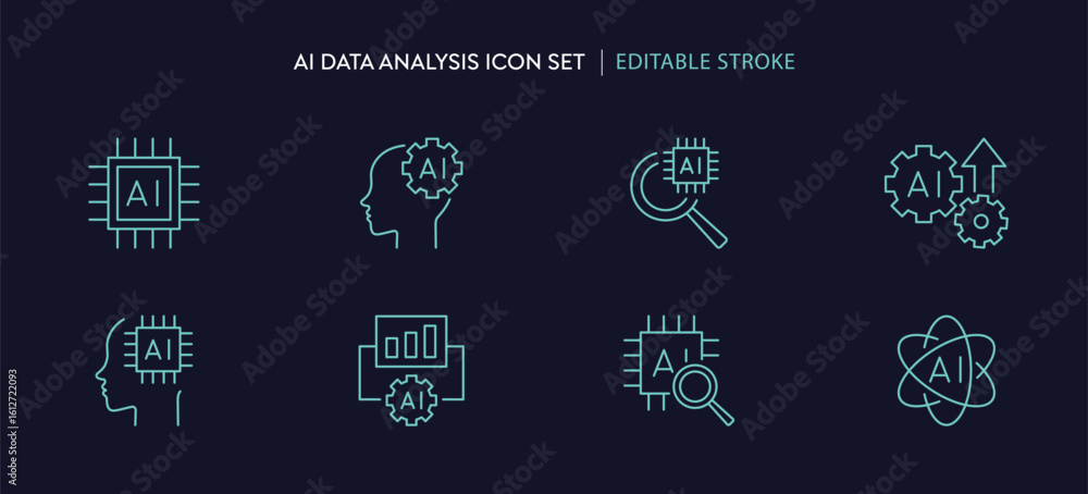 Minimal icon set of AI data analysis icons vectors: Analyst diagram ...