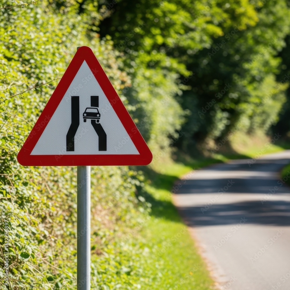 Road Sign Warning of Narrowing Road Ahead With Traffic Stock Photo ...