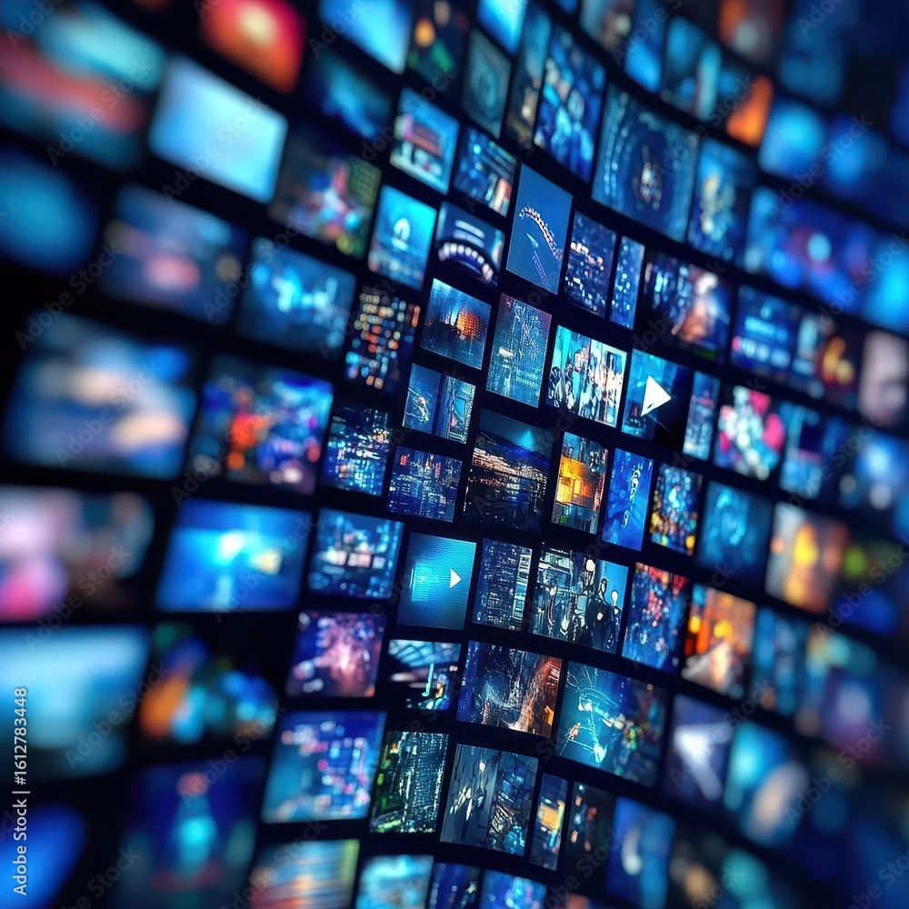 Digital media wall of many small screens showing various images and ...