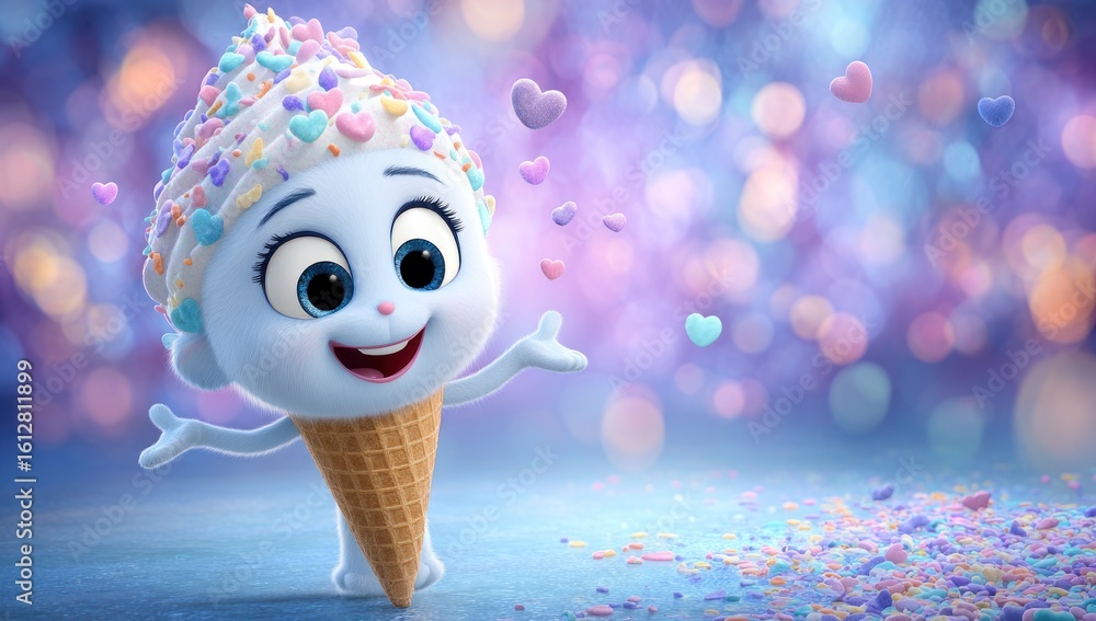 Cartoonish blue creature with ice cream cone body and sweet toppings ...