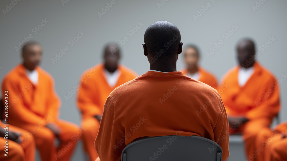Foto de Stock Inmates wearing orange uniforms sitting in a circle ...