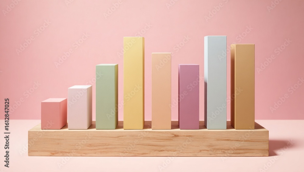 Pastel bar graph. A series of rectangular prisms, in varying pastel ...