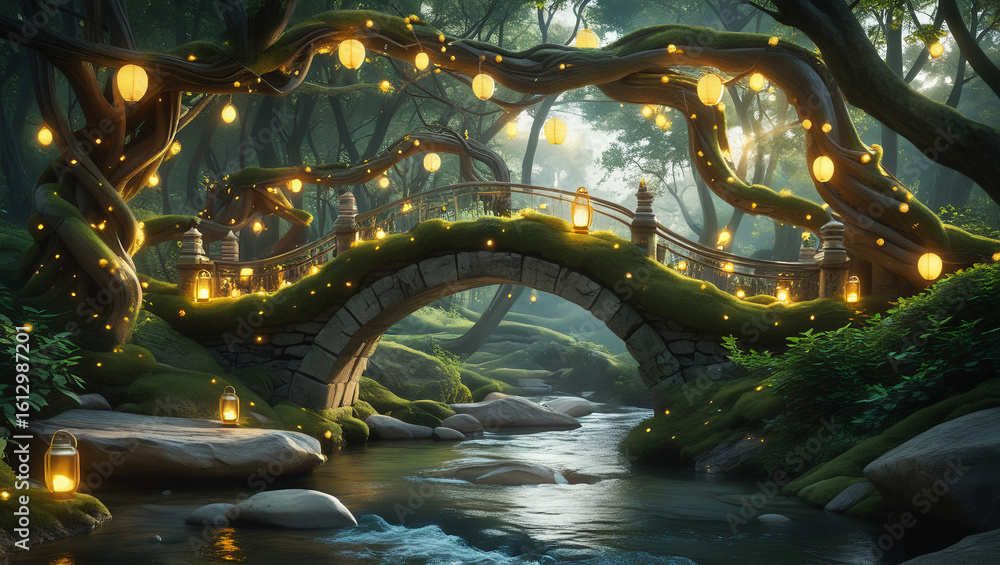 Ancient stone bridge in mystical woodland. Firefly lights and twisting ...