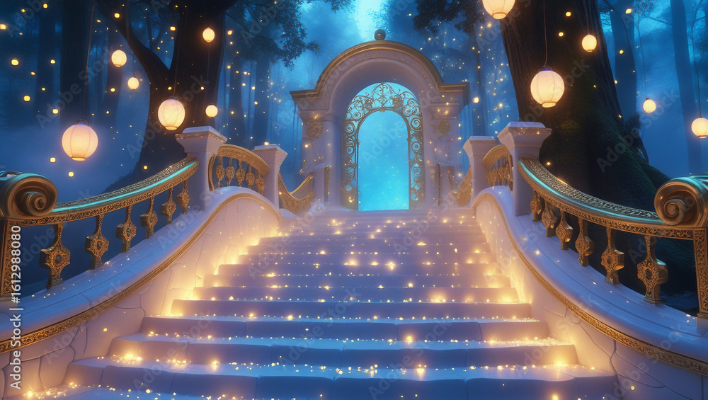 Photo Stock Glowing white stone staircase with golden railings in ...