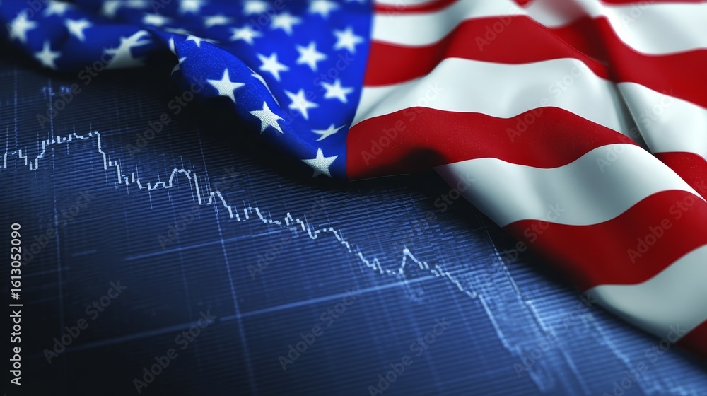American Flag Waving in Front of Economic Trends Graph at Sunrise ...