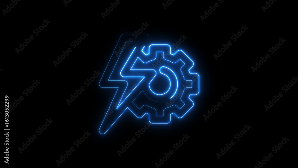Glowing neon blue gear and lightning bolt icon against a black ...
