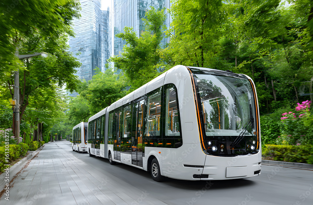 Autonomous electric shuttle bus drives on green urban road lined with ...