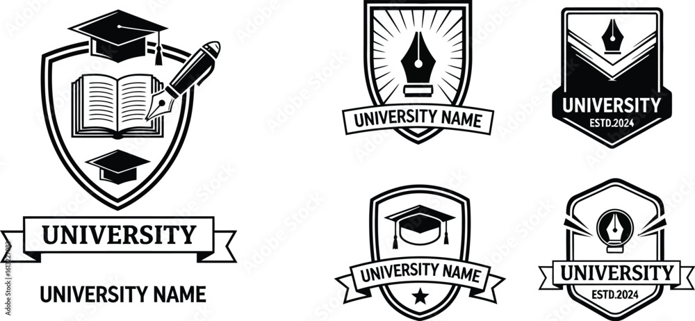 Collection of university crests and emblems featuring academic symbols ...