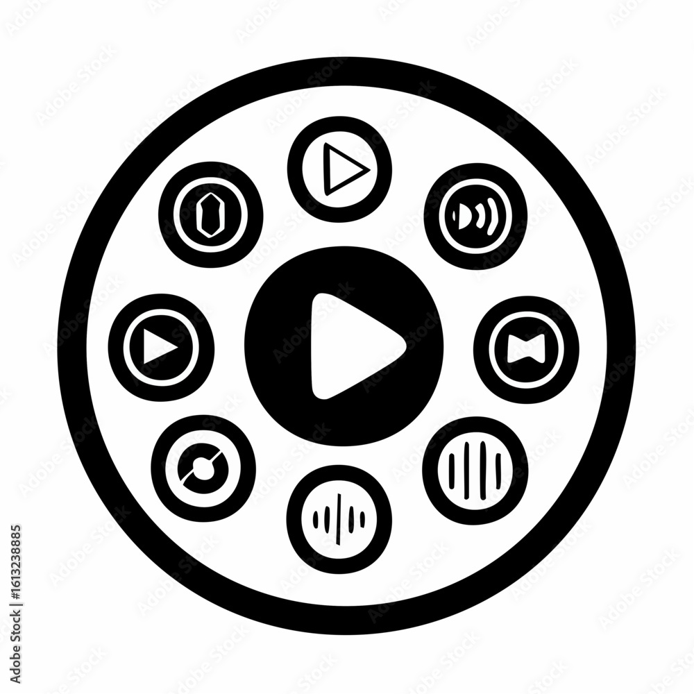 Minimalist media player control icons. A circular set of vector buttons ...