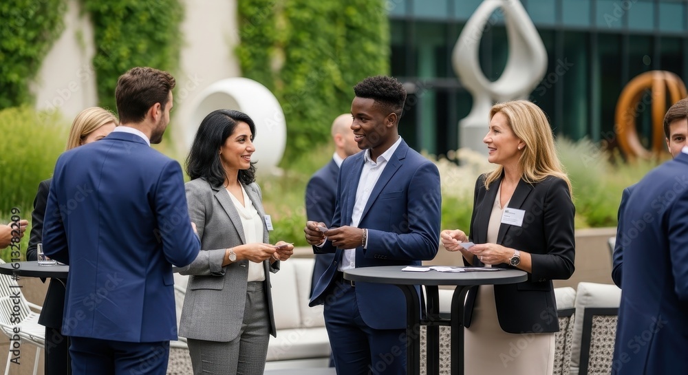 Diverse business professionals networking at an outdoor corporate ...