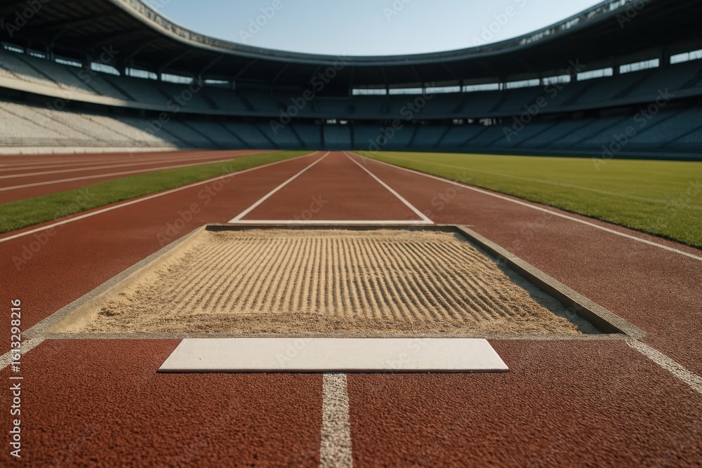 Empty long jump sandpit in stadium under clear daylight, runway and ...
