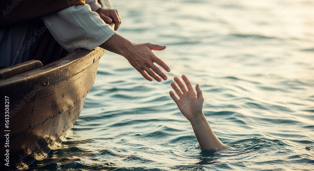 Close-up symbolizing the hand of Jesus, which from the boat saves the ...