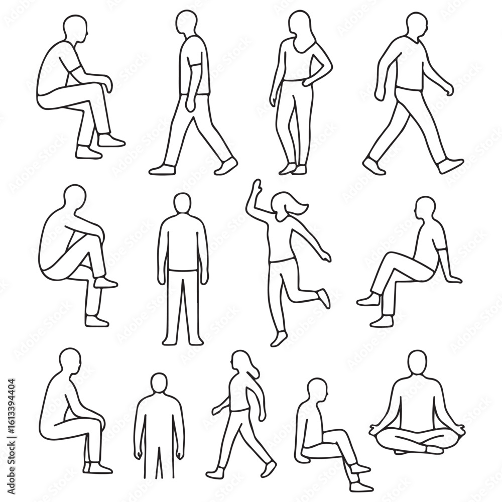 Set people outlines isolated on white background. Sitting, walking ...
