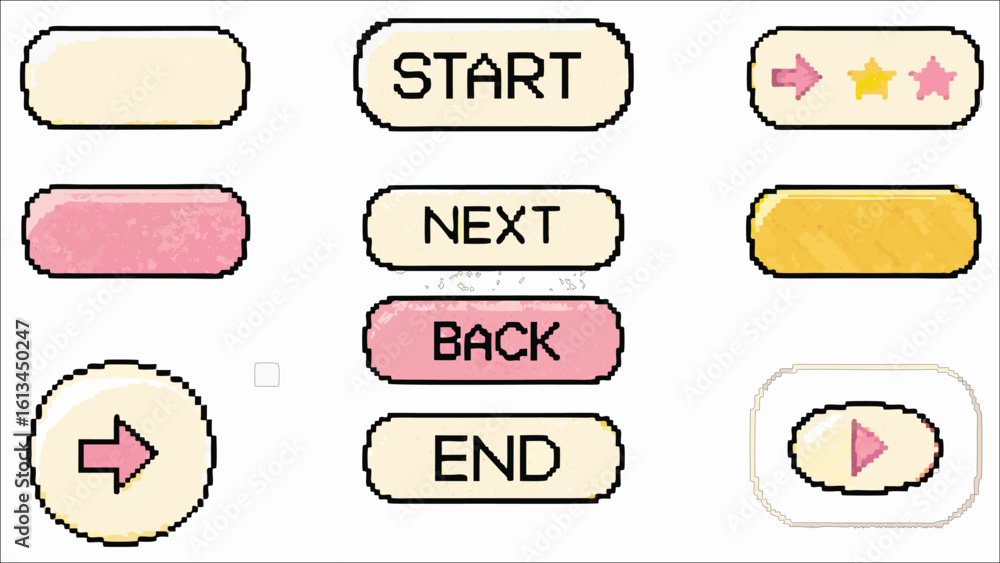 Cute Pixel Game UI Buttons Set – Retro Pastel Start, Next, Back, End ...