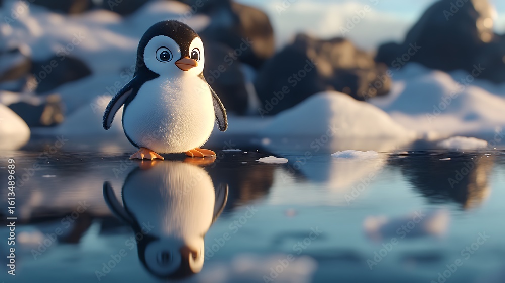 Penguin staring quietly at own reflection in ice high resolution ...