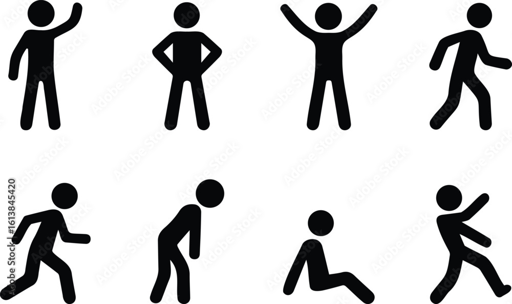 Set of stickman silhouettes showing different body postures and ...