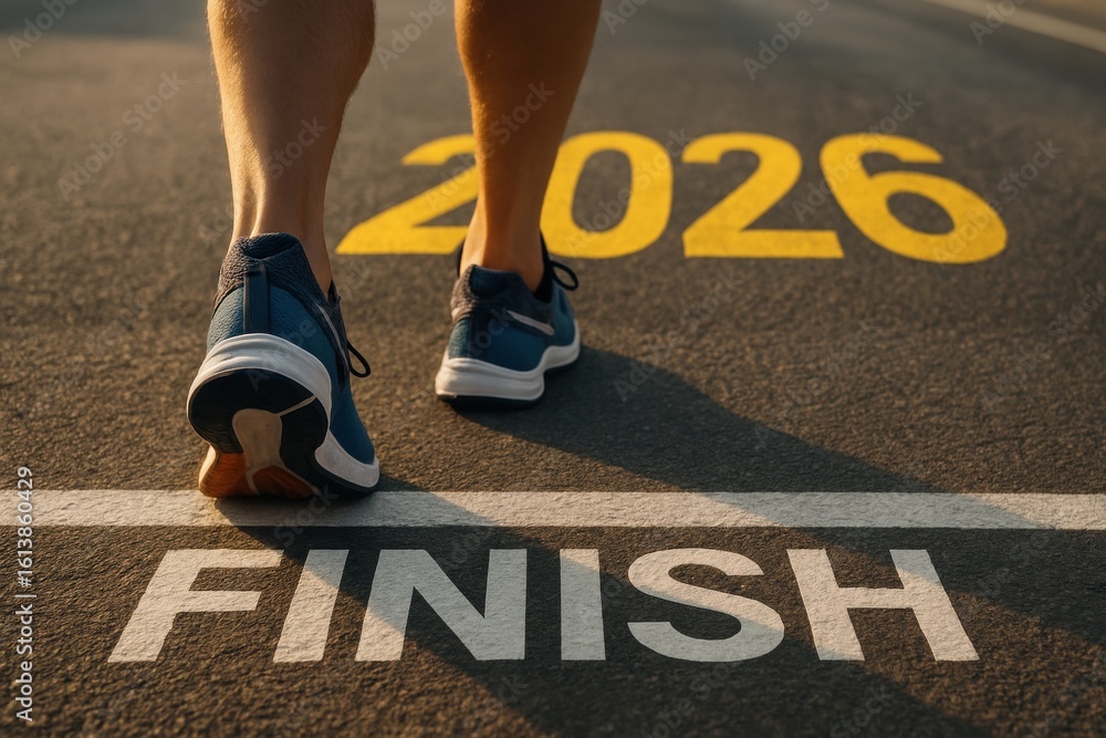 Reaching the 2026 Finish Line: A person's feet approach the finish line ...