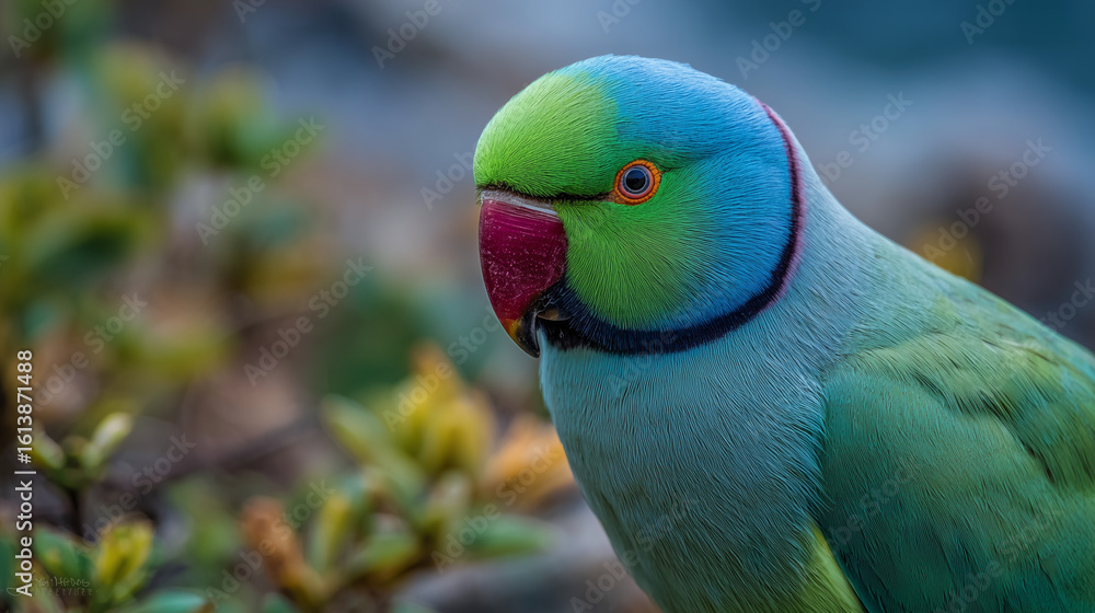 Portrait of Indian ringneck parakeet in natural light, background ...