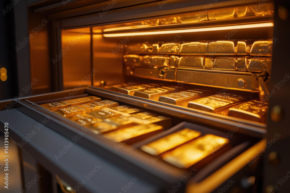 Organized stacks of gold inside a high-tech secure drawer, used for ...
