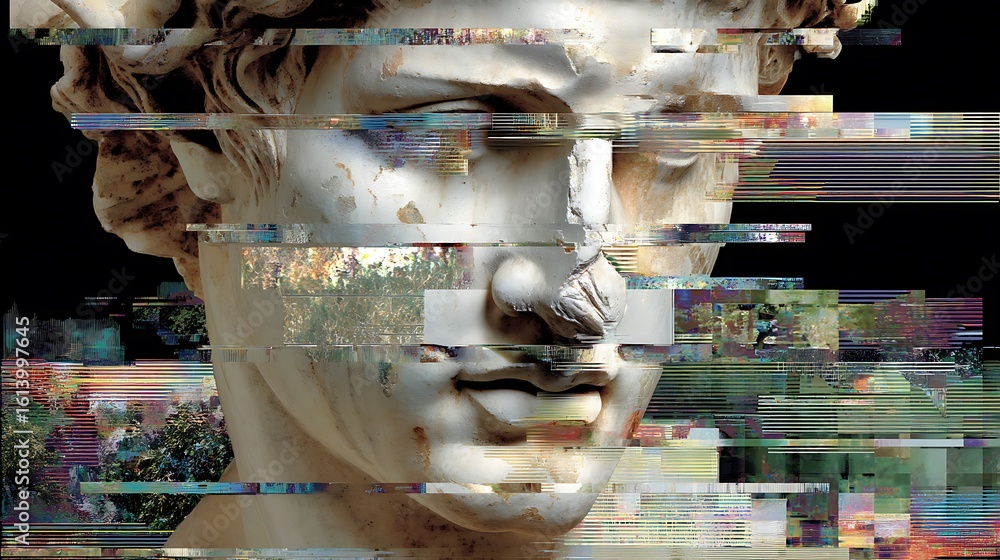 Foto de Stock classical statue face melting into glitch noise and ...