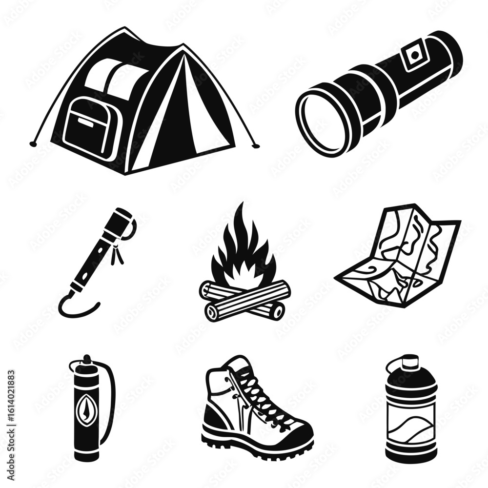 Camping Gear Icons Tent Flashlight Fire Map Boot Water Bottle. Stock ...