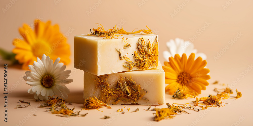 ภาพประกอบ Stock Medicinal handmade soap infused with calendula petals ...